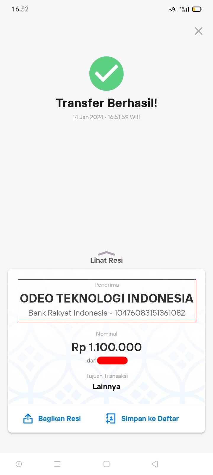 Dapat transferan dana tiba-tiba dari PT Odeo Teknologi Indonesia ...