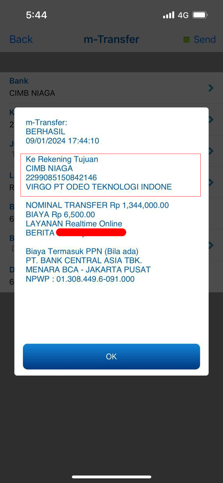Dapat transferan dana tiba-tiba dari PT Odeo Teknologi Indonesia ...