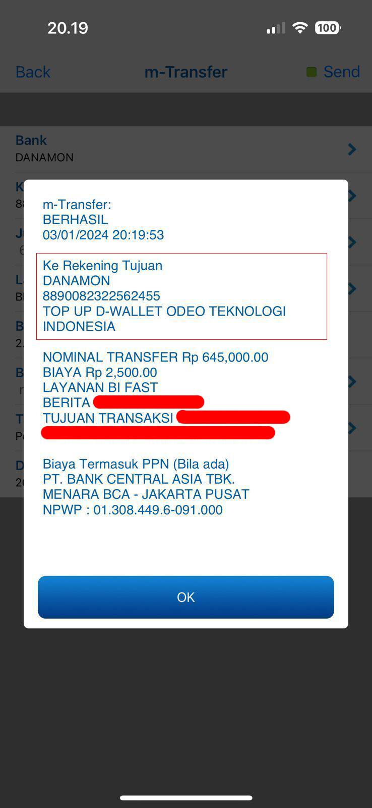 Dapat transferan dana tiba-tiba dari PT Odeo Teknologi Indonesia ...